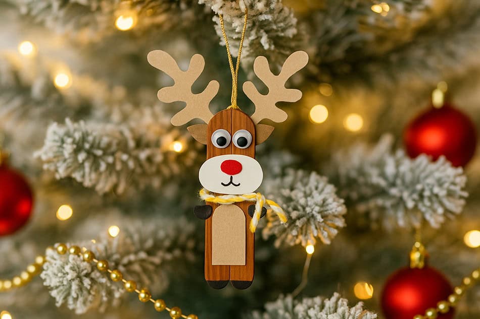 Easy Reindeer Christmas Ornament Craft Using Popsicle Sticks and a Template